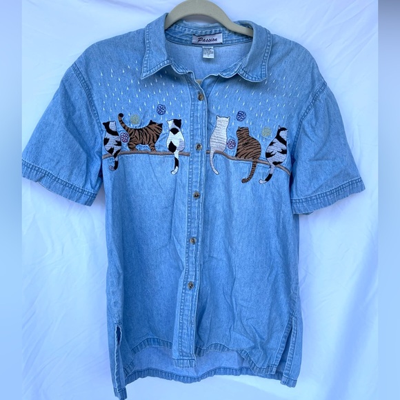 Tops | Vintage Passion Embroidered Cat Button Down Denim Size Large Usa ...